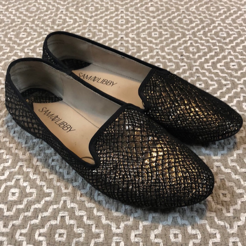 Sam & Libby Black And Gold Metallic Snake Print Flats… - Gem